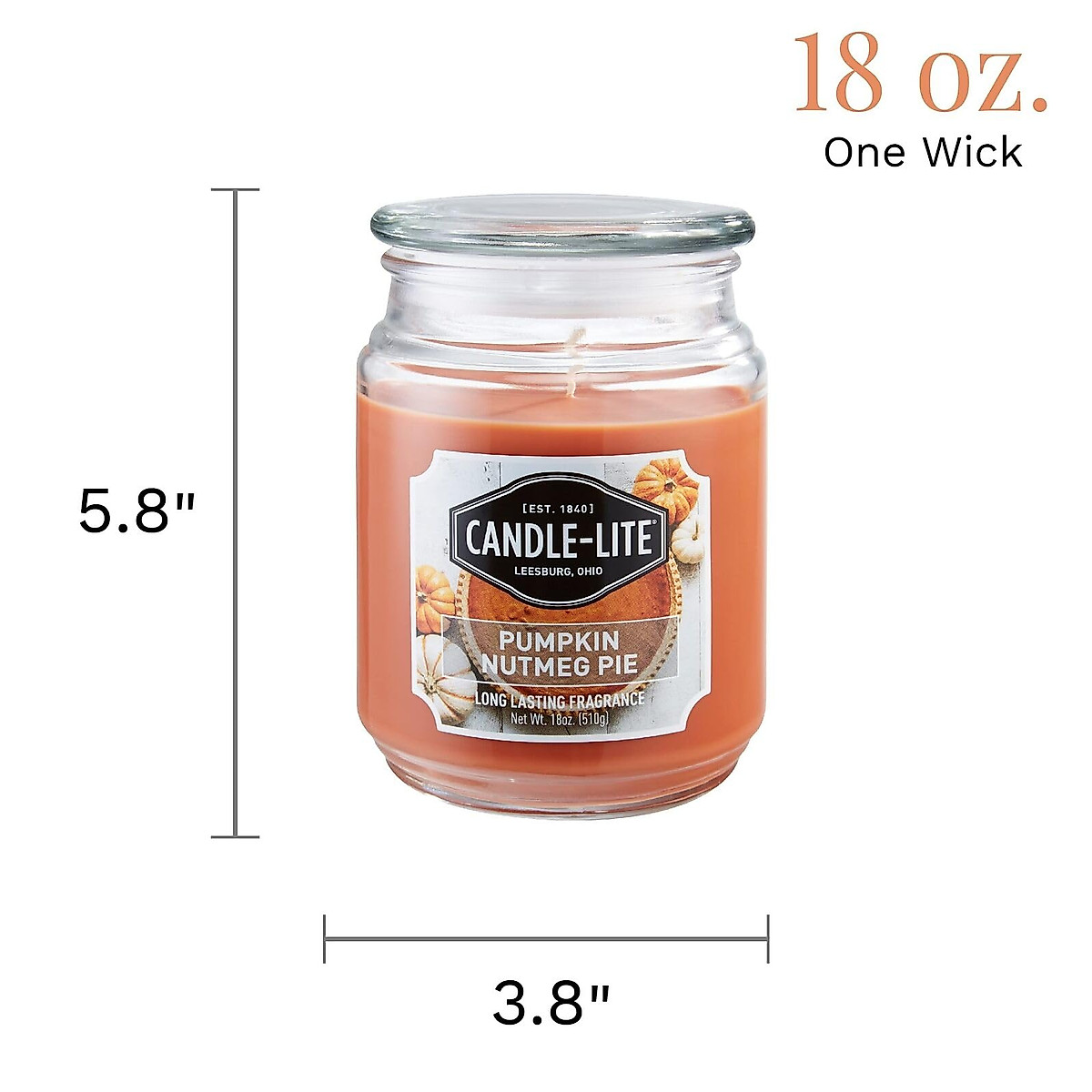 Candle-lite Scented Candles,Pumpkin Nutmeg Pie Fragrance, One 18 oz. Single-Wick Aromatherapy Candle with 110 Hours of Burn Time, Orangecolor