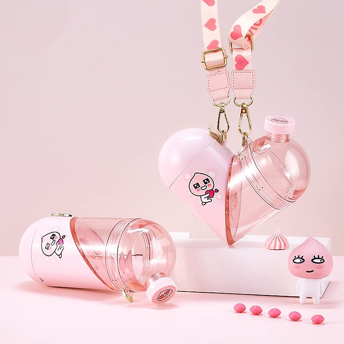 NONOO Kawaii Heart Shaped Water Bottle with Storage Cute Heart Water Bottle with Strap Chritmas Gifts for Women /Teen Girls / Sister (Pink)