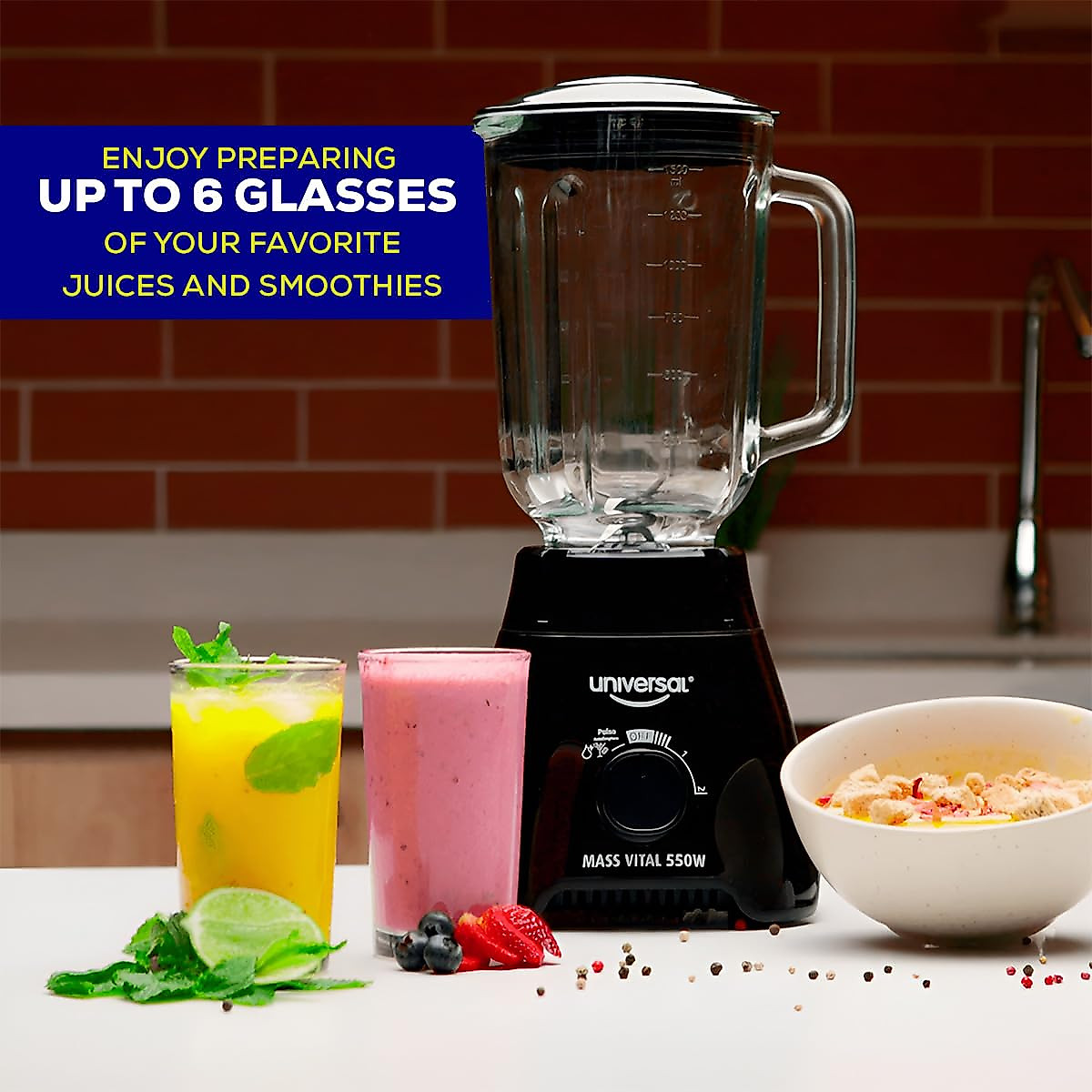 Universal 550W Mass Vital Blender with Glass Jar 57 Oz / 1.7 Liter / 1.8 Quart, 2 Speed + Pulse Function and 4 Stainless Steel Blade with Chrome Steel Technology
