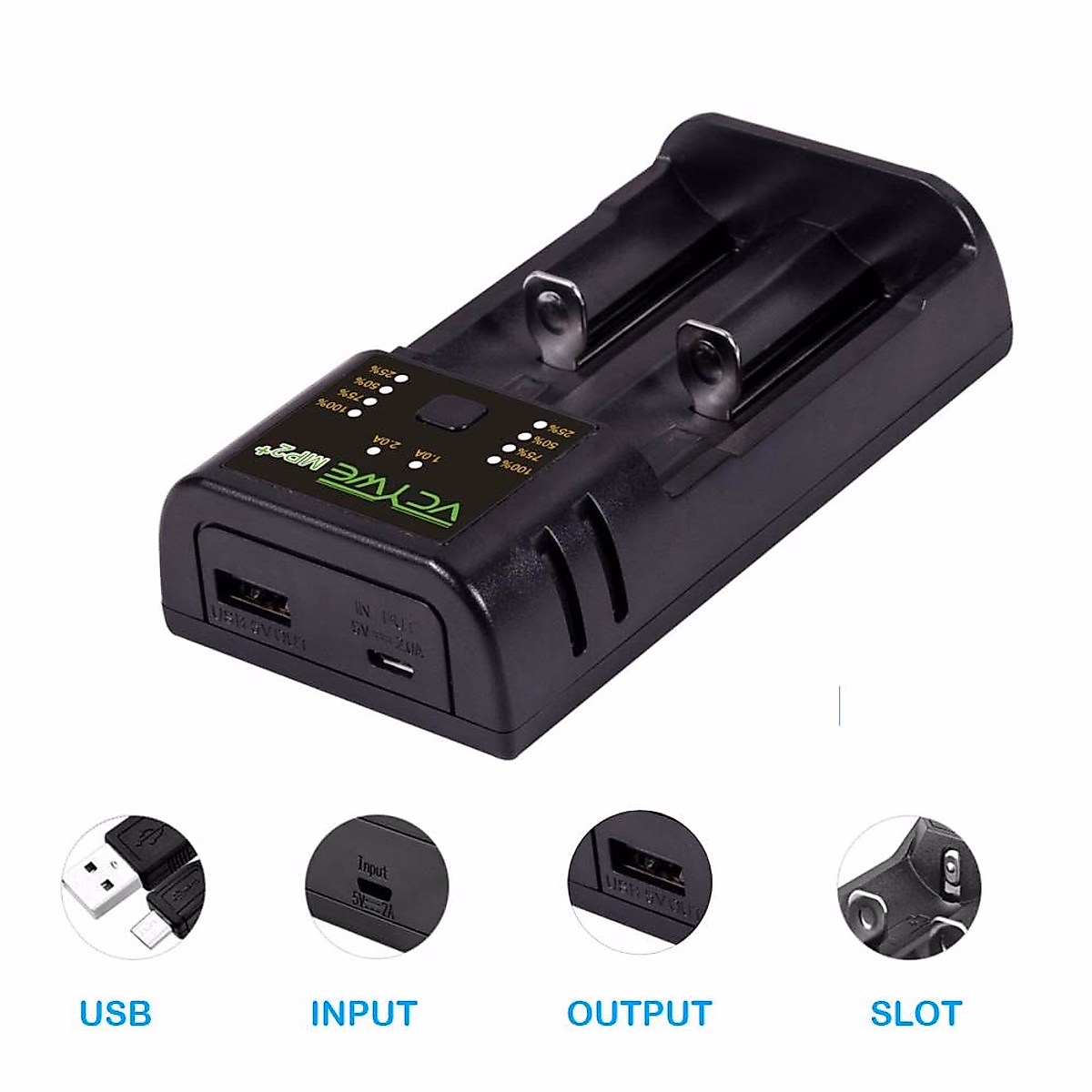 2 Slots Smart Charger Universal Intelligent LED Battery Charger 18650 Compatible with Most 3.6V/3.7V Li-Ion and Ni-MH Ni-Cd 1.2V A AA AAA C SC F6 Rechargeable Batteries Current 1.0A 2.0A Optional