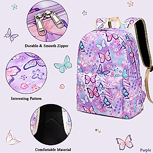 OctSky Backpack for Girls Kids Backpack Elementary Bookbags Teens Middle School Backpack with Lunch Box Water-repellent Lightweight Butterfly Purple