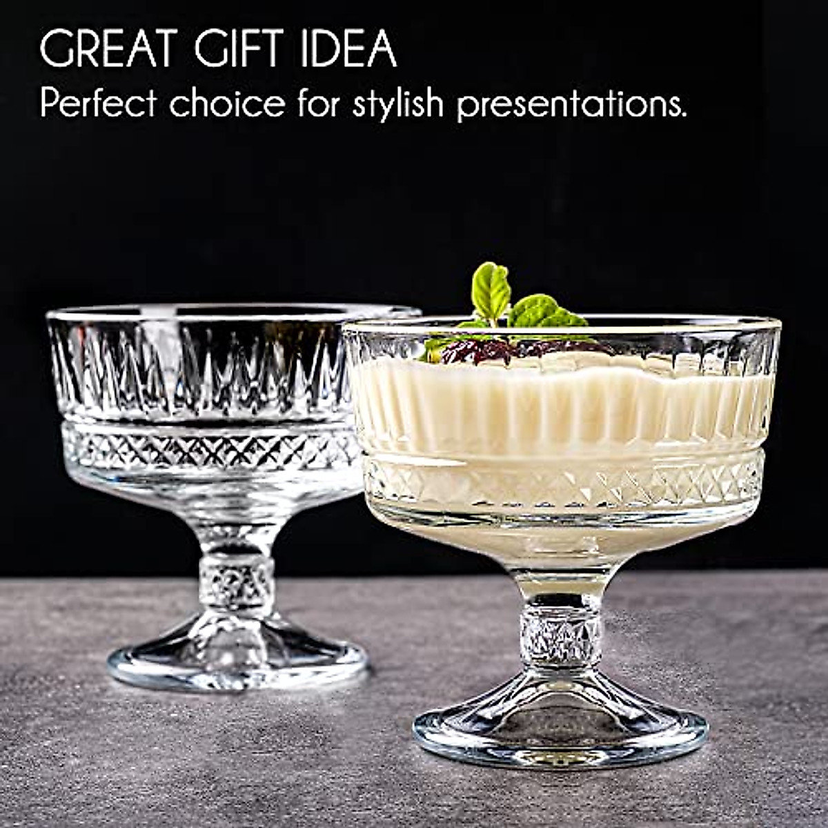 Crystalia Glass Ice Cream Bowls, Crystal Dessert Cups Set of 2, Clear Pedestal Bowls, Small Glass Bowls for Parfait, Trifle, Sundae and Cereal, Footed Desert Cups, Lead-Free Custard Cups