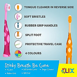 55Dental Kids Toothbrush Set of Soft Giraffe Toothbrush for Kids 3-12. Easy-Grip, Bristle Cover, Self-Standing & Splited Bottom for Cup Rim. by Lix, 4 Colors