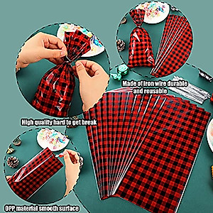 Gersoniel 100 Pieces Christmas Cellophane Bags Party Treat Favor Bags Red and Black Buffalo Plaid Candy Bags Xmas Checkered Cookie Bags with 100 Pieces Twist Ties for Christmas Birthday Wedding Party