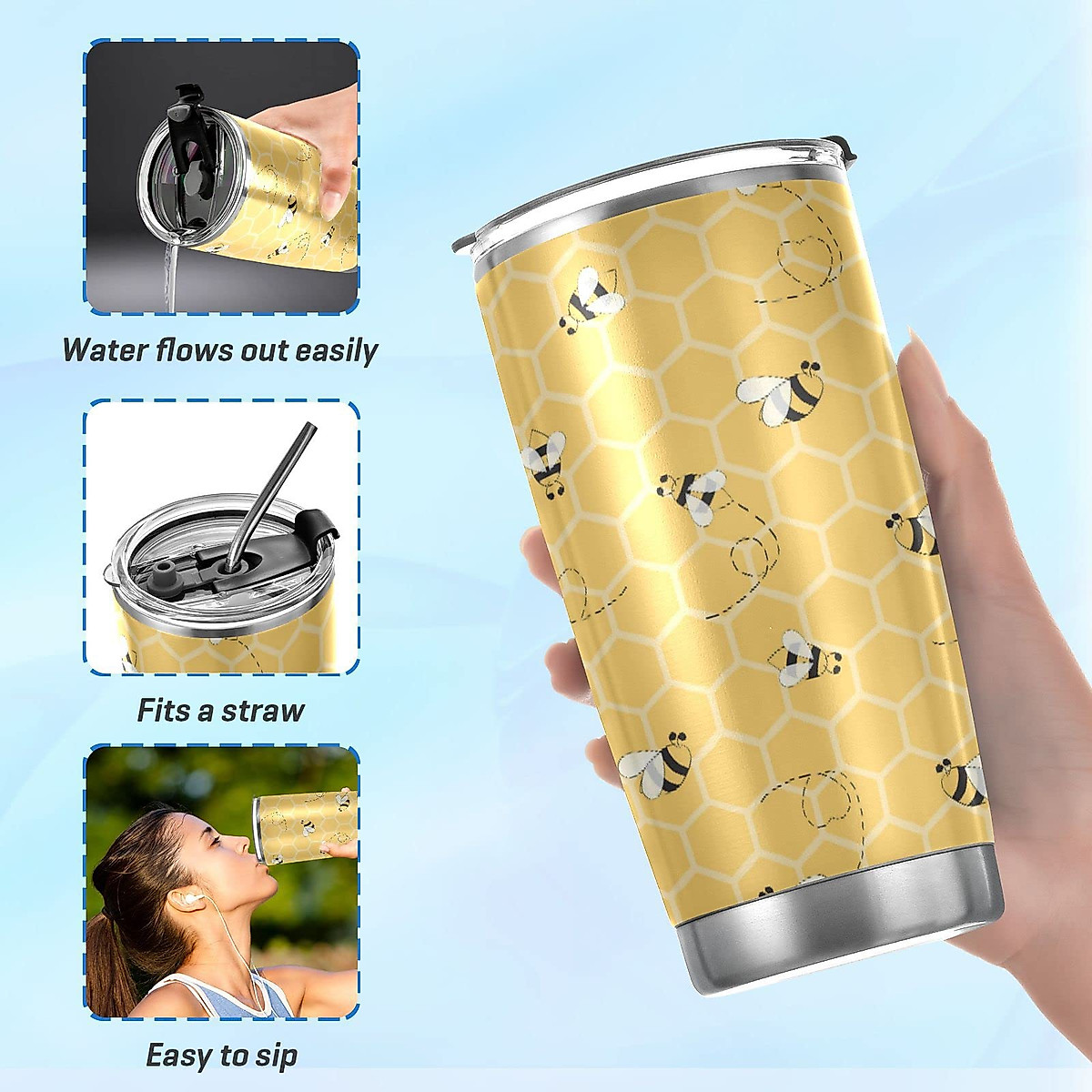 foixnub Bees on The Honey 20oz Tumbler Honeycombs Insulated Coffee Cup Wine Tumbler Stainless Steel Reusable Water Bottle Double Walled Travel Mug Thermal Cup for Hot Cold Drinks