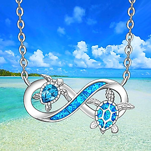 Turtle Necklace for Women Sterling Silver Tortoise 2 Infinity Blue Opal Sea Turtle Pendant Mother and Daughter Necklaces Ocean Inspirational I Llike Turtles Jewelry Birthday Gifts