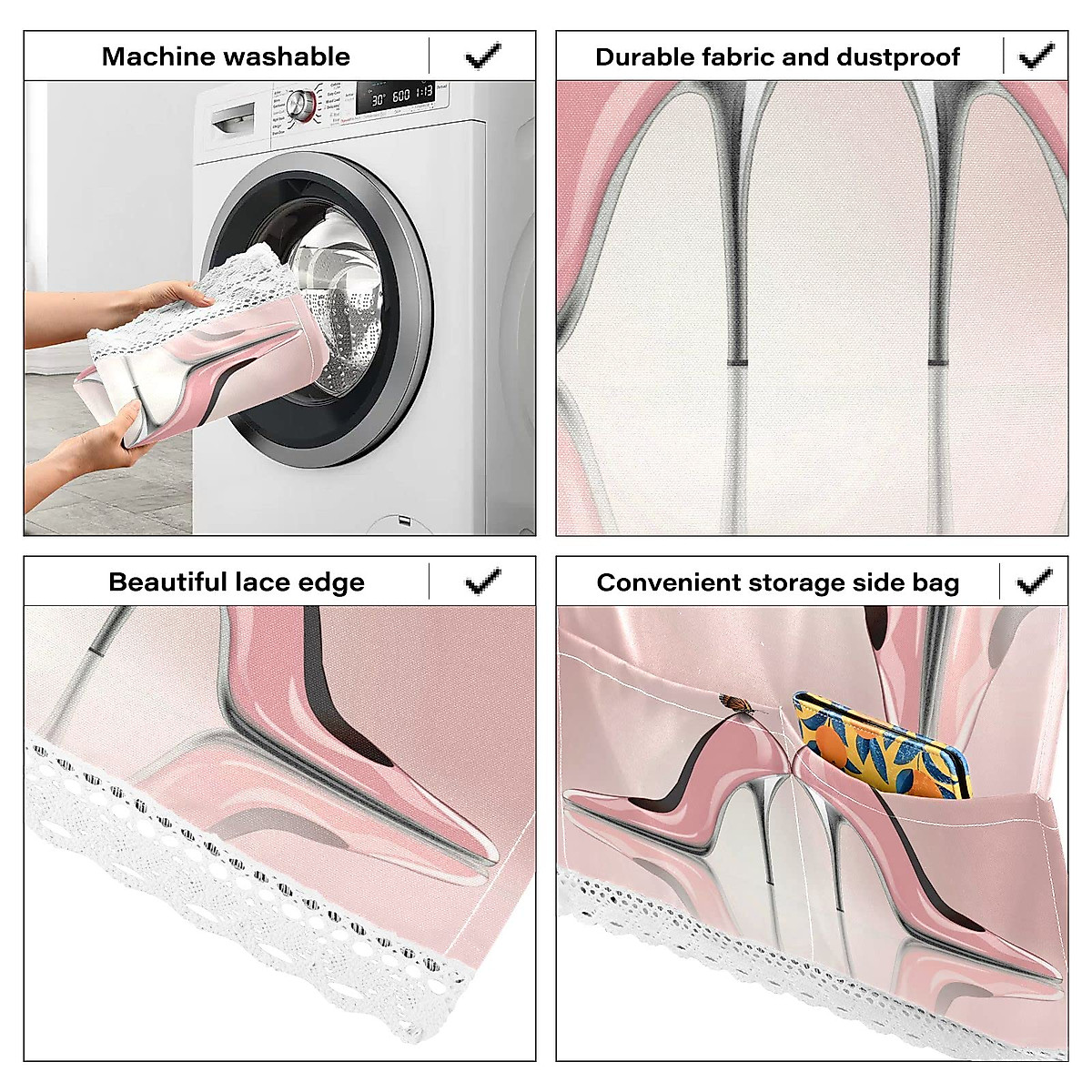 Pink High Heel Shoes Butterfly Washing Machine Cover, 51''x22'' Non Slip Washer Dryer Top Cover Mat for Front Load Waterproof Refrigerator Fridge Dust Proof Cover with 4 Storage Bags Home Decor
