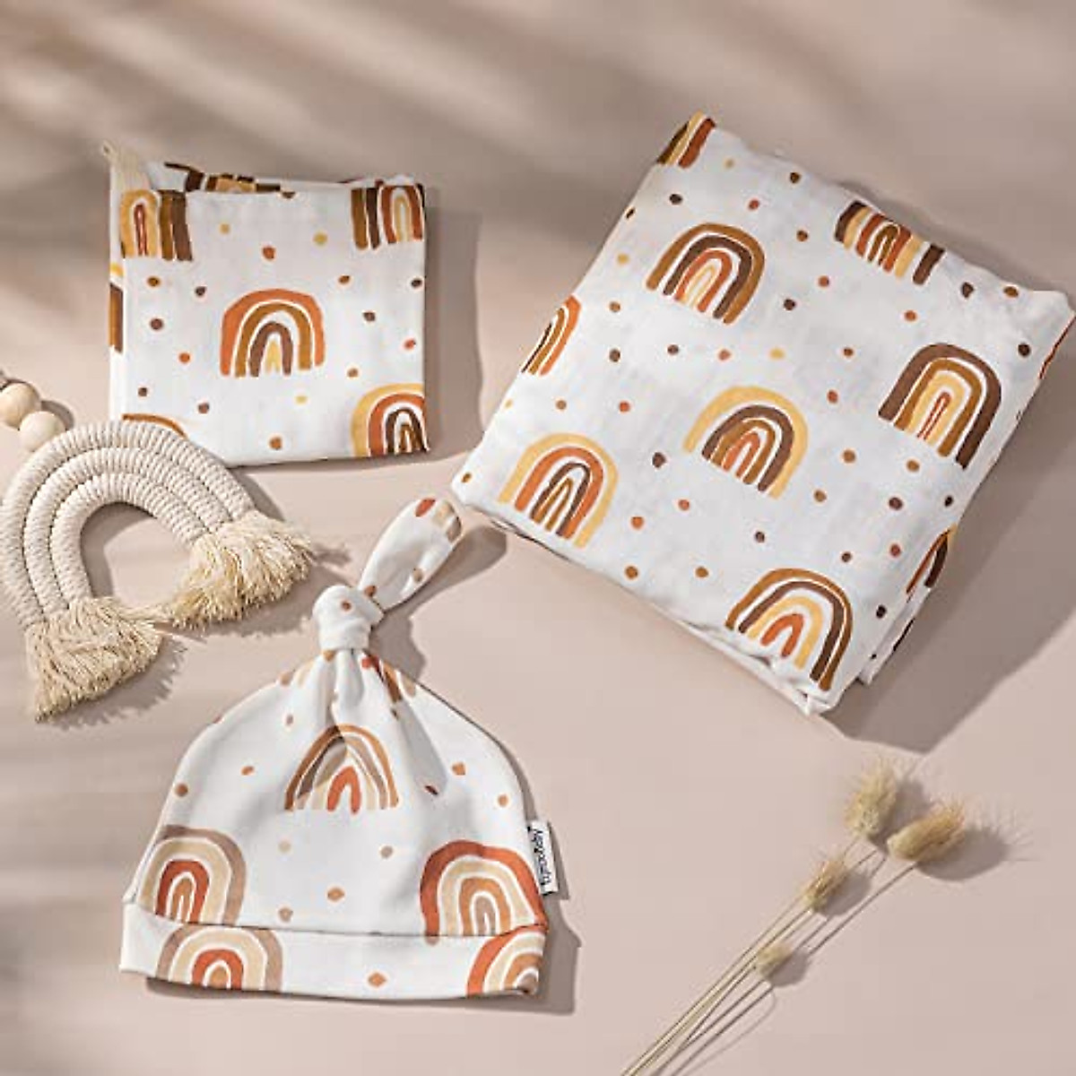 Baby Swaddle Blankets Set with Matching Hat and Drool Cloth Organic Cotton Muslin Blanket Soft Newborn Wrap Receive Blanket Photography Prop Large 47 * 47 Shower Gifts for Boys Girls(Rainbow)