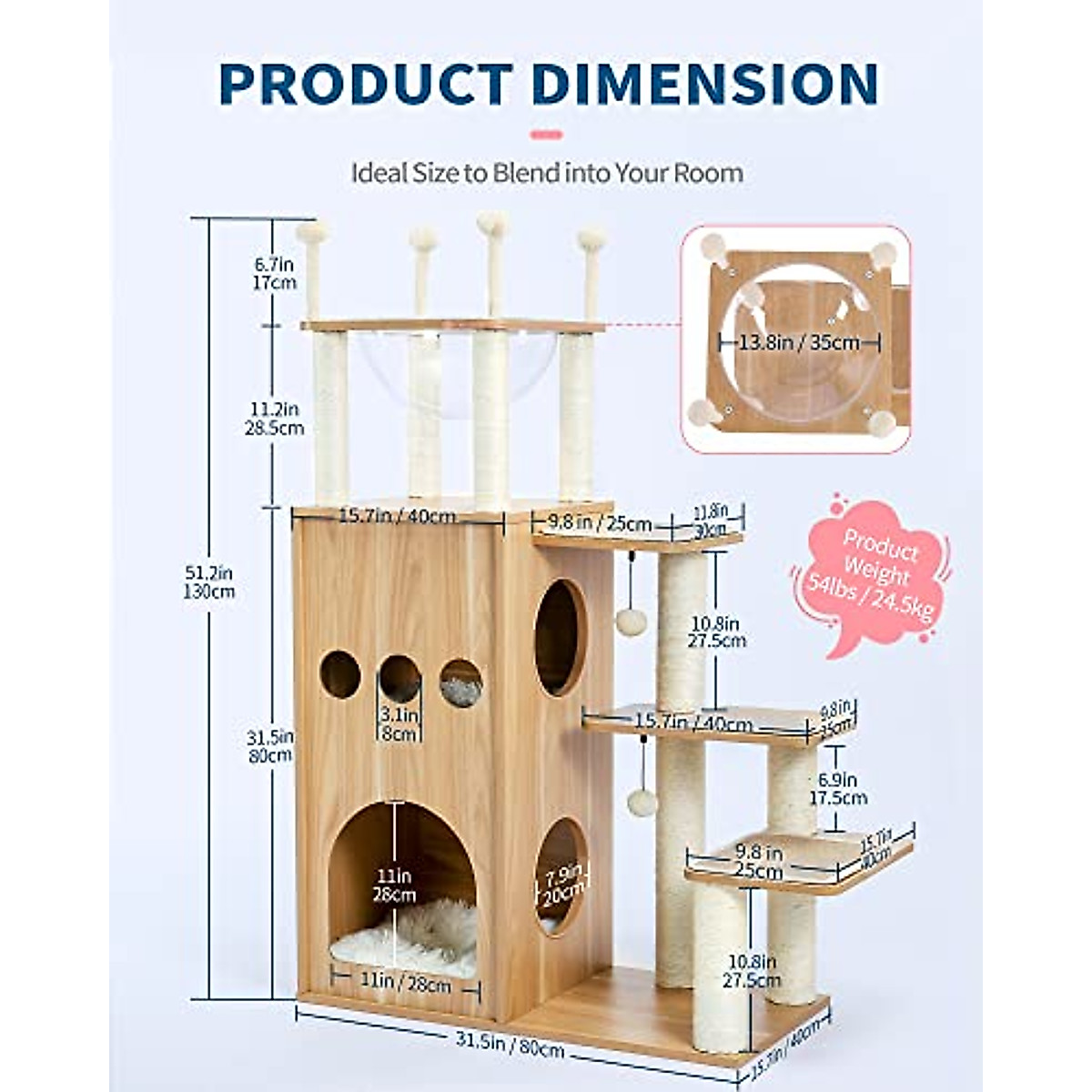 Made4Pets Modern Cat Tree for Large Cat, Wood Cat Tower Heavy Duty with Scratch Post for Indoor Big Cats, 51" Extra Tall Cat Condo Sturdy Frisco Castle with Clear Bowl for Kittens Maine Coon 20Lbs