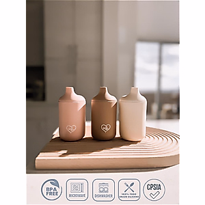 Baby Silicone Cups Reliable Lid Sippy Cup 6 oz Unbreakable No Spill Toddler Training Cup, Leak Proof, Spill Proof Kids Take and Toss Cup Set of 3 (Beige)