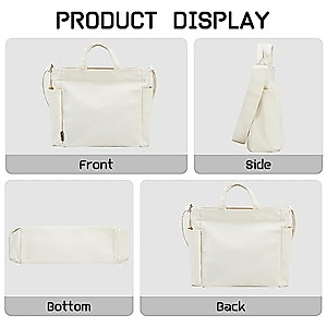 Plusfeel Canvas Tote Bag, Stylish Satchel Bag Lightweight Cotton Cross Body Top Zipper Closure Handbags for Women White