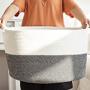 Laundry Baskets Woven Baskets for Storage Basket Wicker Blanket Basket Living Room Cotton Coiled Rope Hamper Nursery Storage for Kids Baby Dog Toy Extra Large 22" X 22" X 14", XXXL-Black