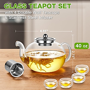 Large Glass Teapot Set, TeaPot (40 OZ/1200ml) with 4 Double Wall Teacups & Removable Stainless Steel Infuser, Stovetop Safe Tea Kettle, Blooming & Loose Leaf Tea Maker Set, Microwave Dishwasher Safe