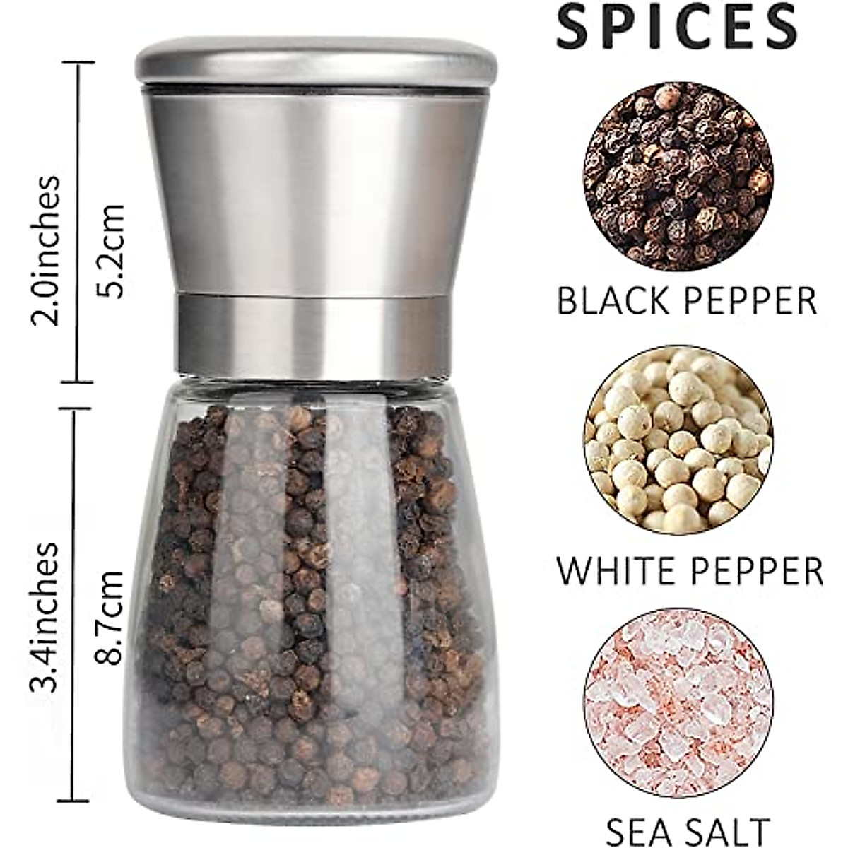 Pepper Grinder Pepper Mill, Salt Grinder Refillable,(Single Package) Adjustable Coarseness Black Pepper Grinder, Stainless Steel Sea Salt Shaker with Ceramic Rotor (1 pack)