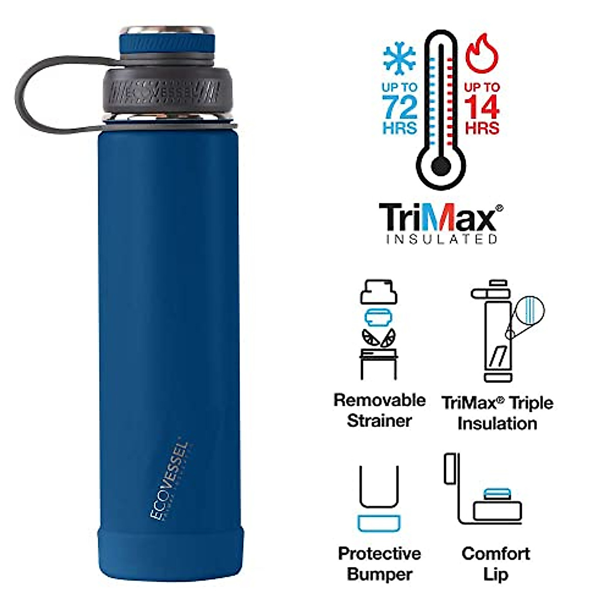 EcoVessel Stainless Steel Water Bottle with Insulated Dual Lid, Insulated Water Bottle with Strainer and Silicone Bottle Bumper, Coffee Mug – 24oz (Wild Magenta)