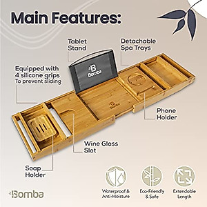 Bomba Bathtub Caddy – Natural Bamboo Bathtub Tray with Soap Holder – Durable Anti-Slip Bathtub Caddy Organizer – Extendable Bathroom Tray – Eco-Friendly and Safe Bamboo Organizer Tray