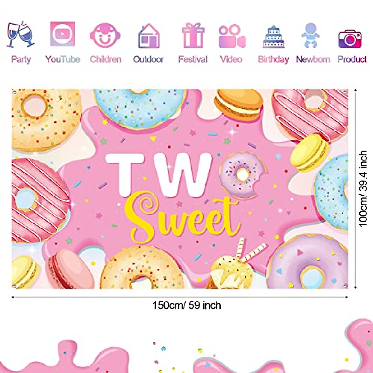 Two Sweet Birthday Backdrop Banner Decoration, Pink Donut 2nd Birthday Party Photography Background Props for Girl Donut Party Donut Grow up Party Candy Party Baby Shower Supplies, 6 x 4 Ft