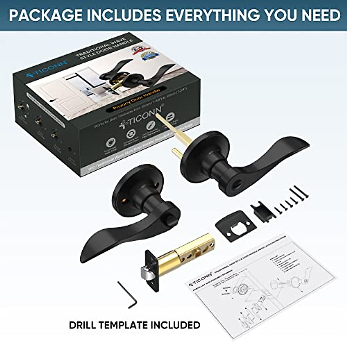 TICONN Black Door Handle, Traditional Wave Style Matte Black Reversible Door Lever for Interior Doors and Closet (Privacy Lock, 5-Pack)