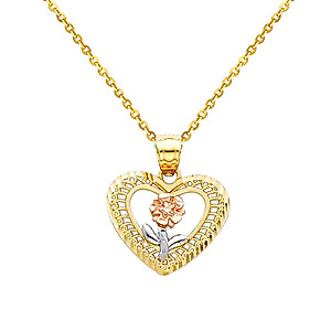 The World Jewelry Center 14k REAL Tri Color Gold Flower in Heart Pendant with 1.2mm Cable Chain Necklace - 22"