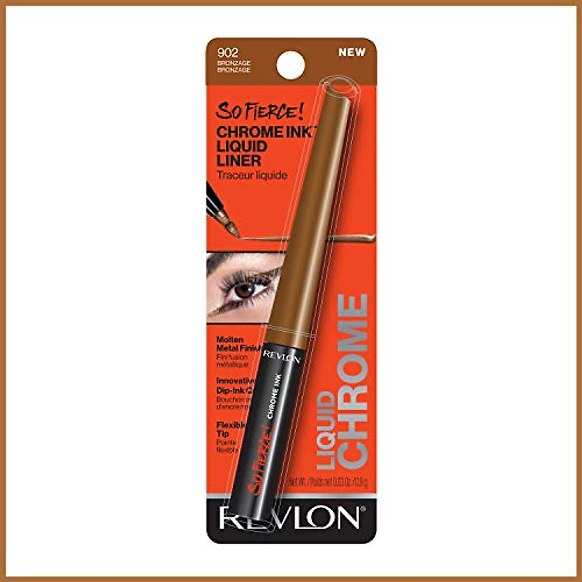 Revlon So Fierce! Chrome Ink Liquid Eyeliner, Longlasting Bold Metallic Pen Liner with Dip Ink Cap for Pearl, Shimmer Blend, 902 Bronzage, 0.03 oz.