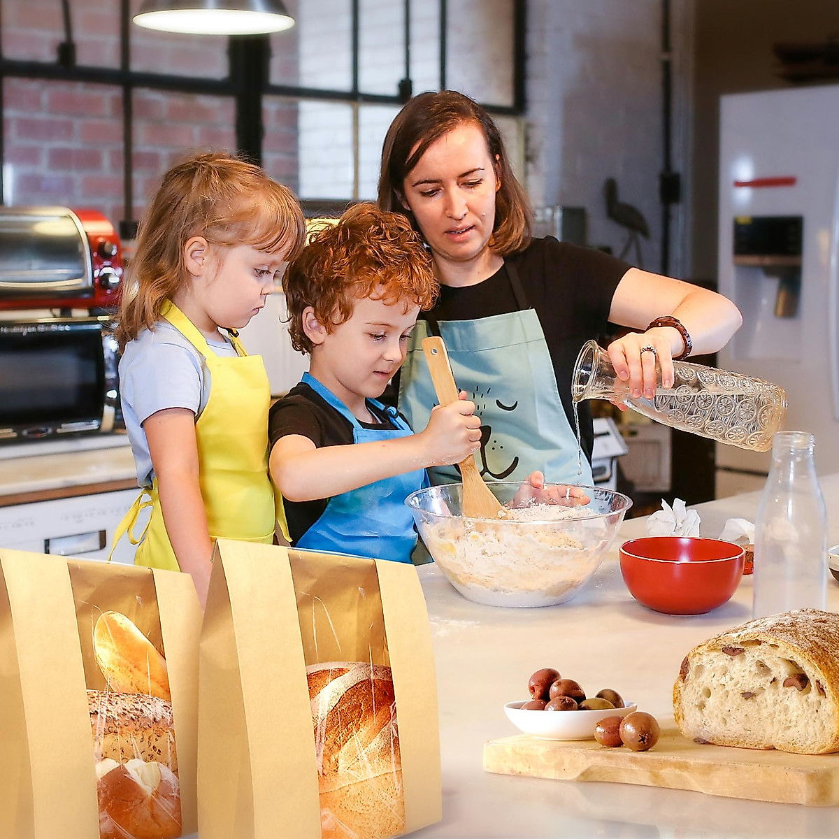 WNSIRVY 30 Pack Large Bread Bags for Homemade Sourdough Bread - Kraft Paper Storage Bakery Bags with Clear Window Bonus 50 Seal Stickers for Sourdough Sandwich (13.7x8.2x3.5 Inches, Brown)