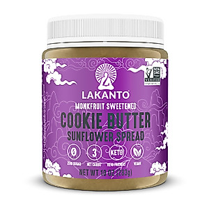 Lakanto Sugar Free Cookie Butter Sunflower Spread - Sweetened with Monk Fruit Sweetener, Keto Diet Friendly, 3 Net Carbs, Vegan, Non GMO, Sandwiches, Toast, Smoothies, Cereal, Oatmeal, More - 10 oz