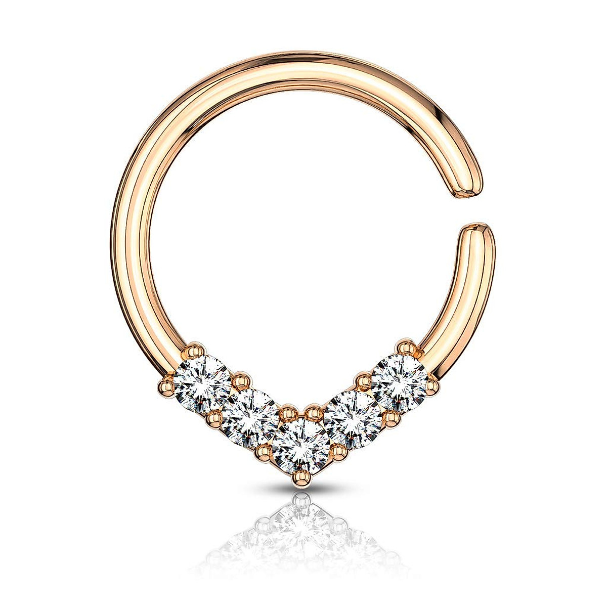 5 CZ Set V Shaped on Round Bendable Cut Ring for Cartilage, Tragus, Septum, and More (Rose Gold)