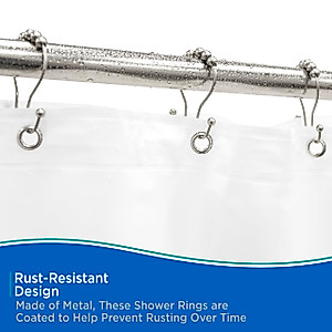 Kenney KN67120 Rust-Resistant Gliding Metal Beaded Shower Curtain Rings with Double Hanging Hooks for Shower Curtain and Standard Shower Curtain Rod, Bathroom Use, Easy to Install, 12-Pack, Nickel