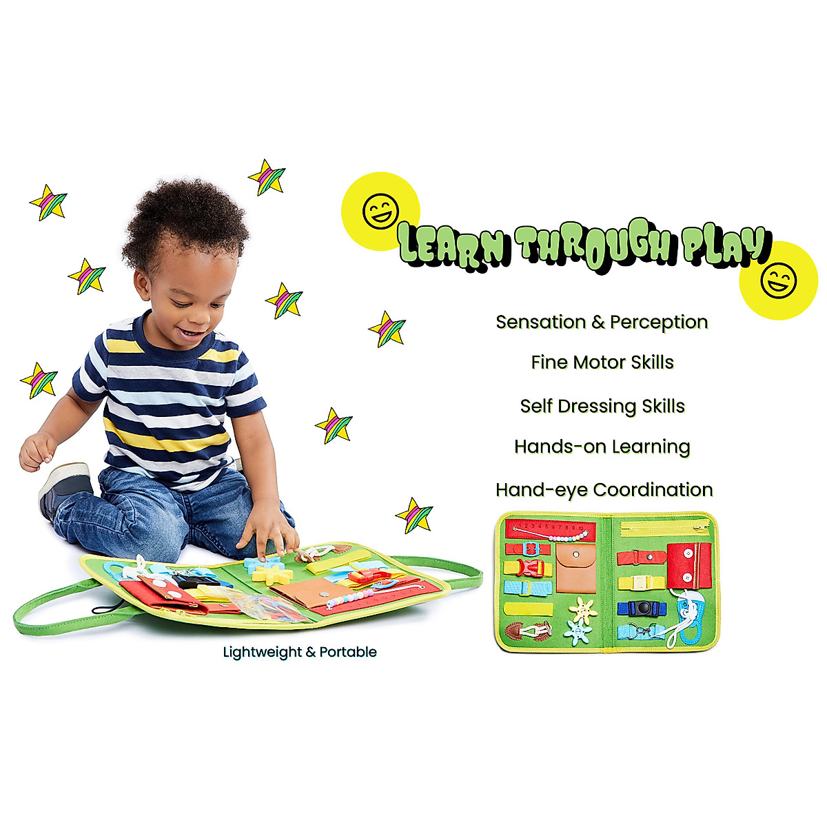 SoEm Busy Board Montessori toy Sensory Educational toy for 1 2 3 4 5 6 years Activity book for basic dress skills and fine motor for Travel plane and car, 16 activities in 1 Gifts for Girls and Boys