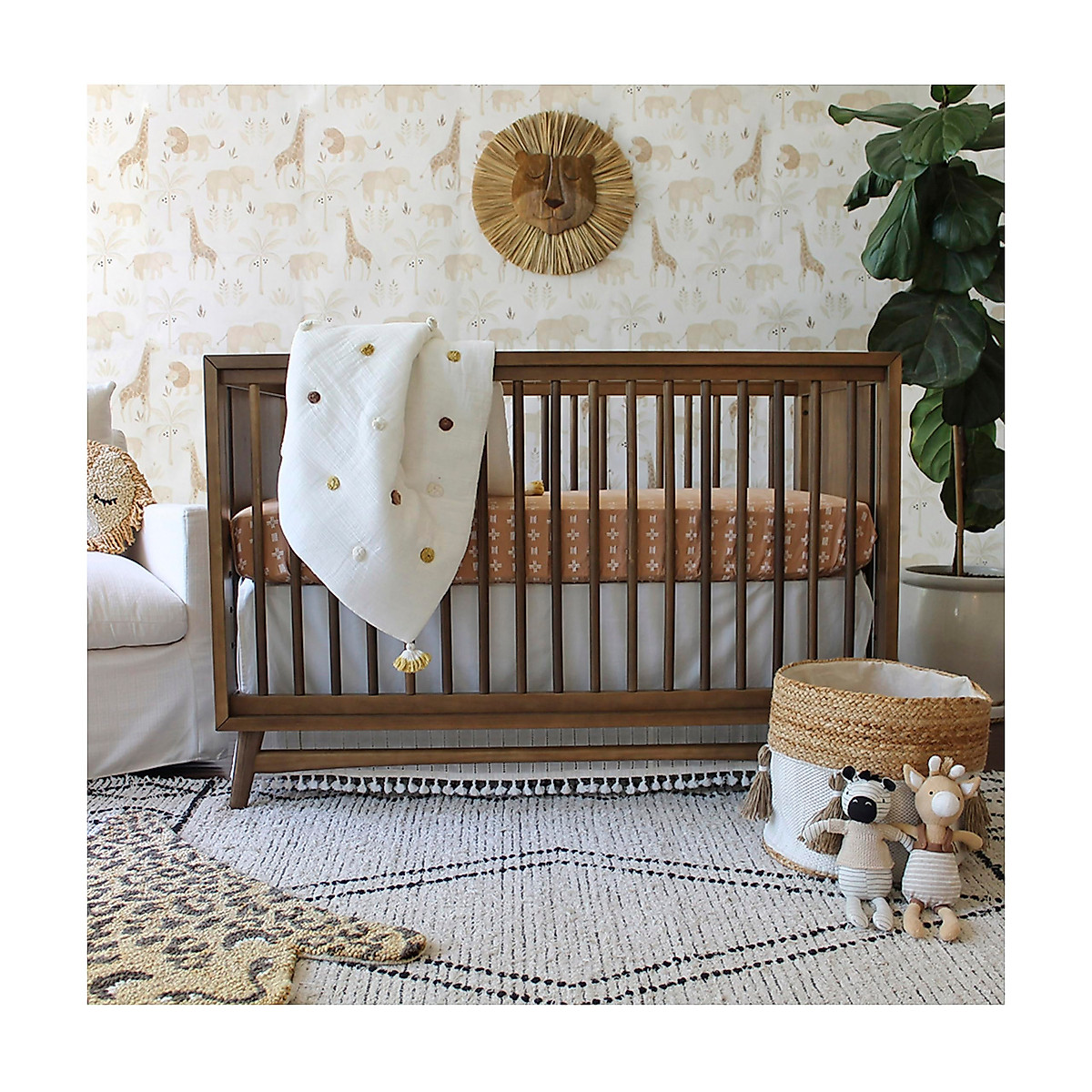 Crane Baby Blanket, Soft Cotton Pom Pom Nursery and Toddler Blanket for Boys and Girls, Cream, 36” x 36”