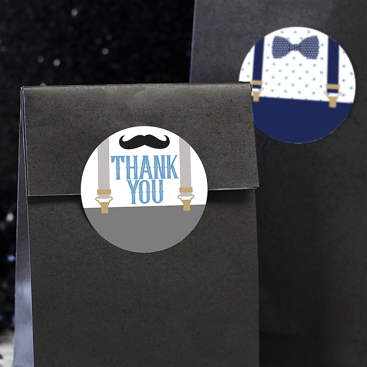 Little Man Baby Shower Thank You Stickers - Mustache, Suspenders, It's a Boy, 1.75 in - 40 Labels