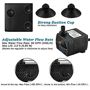 90 GPH Mini Submersible Pump, Small Fountain Pump (5W 350L/H) for water feature, Aquariums, Fish Tank, Tabletop Fountain, Pet Fountain, Indoor or Outdoor Pond Fountain
