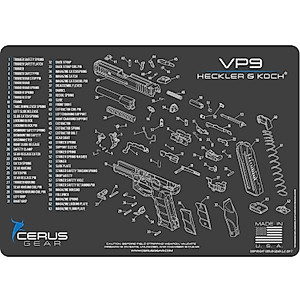 Heckler & Koch VP9 5 PC EDOG Cerus Gear Schematic (Exploded View) Heavy Duty Pistol Cleaning 12x17 Padded Gun-Work Surface Protector Mats Solvent & Oil Resistant & 3 PC Cleaning Essentials & Clenzoil