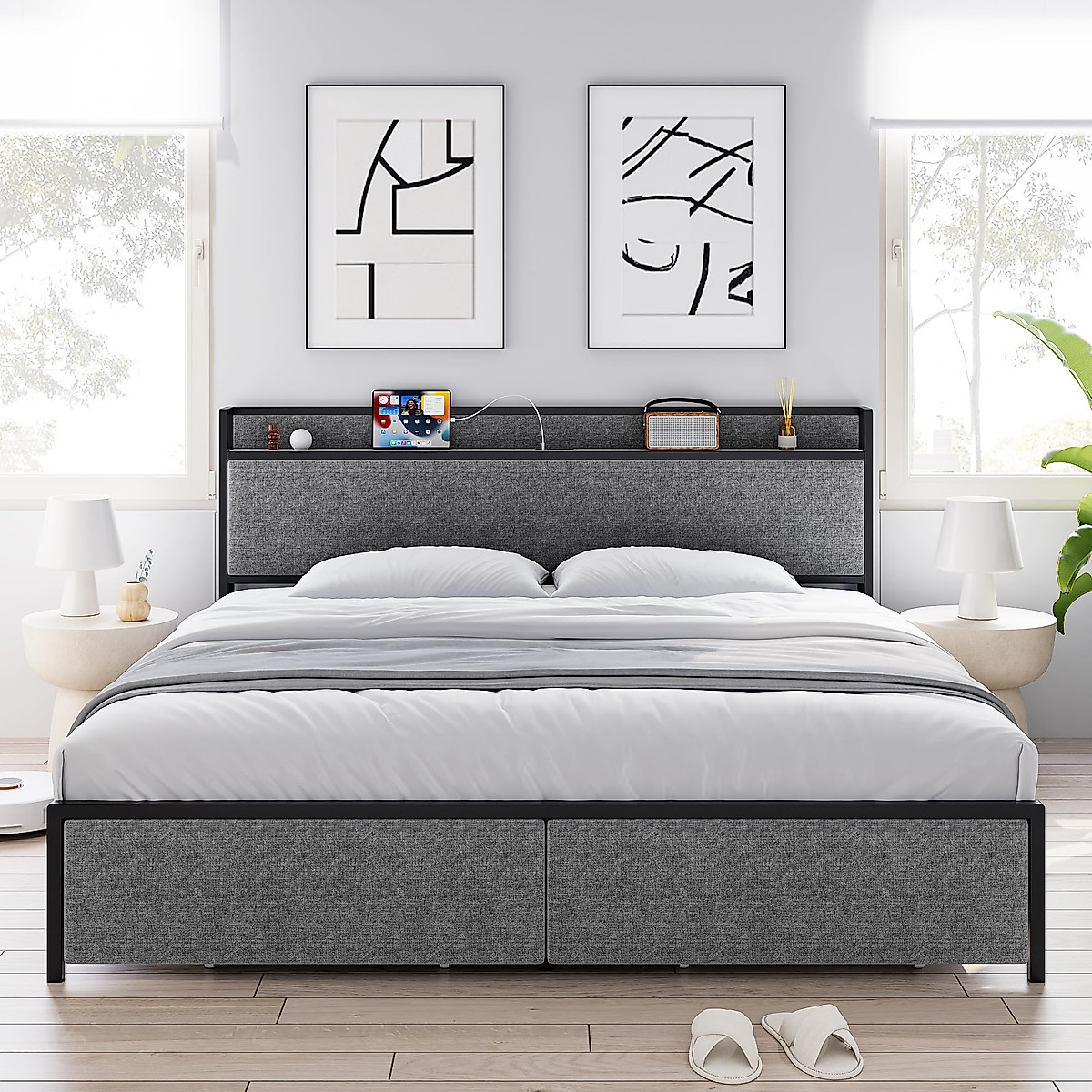 GAOMON Full Size Bed Frame with Headboard and Storage, Drawers Platform Bed Frames with Outlets, Sturdy, Noiseless, No Box Spring Needed, Easy Assembly