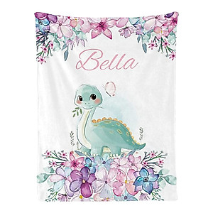 Floral Watercolor Baby Dinosaur Baby Blanket with Name Custom Personalized Super Soft Nursery Fleece Throw Blankets for Newborns Baby Shower Girls Kids Birthday Gift 30 X 40 inch