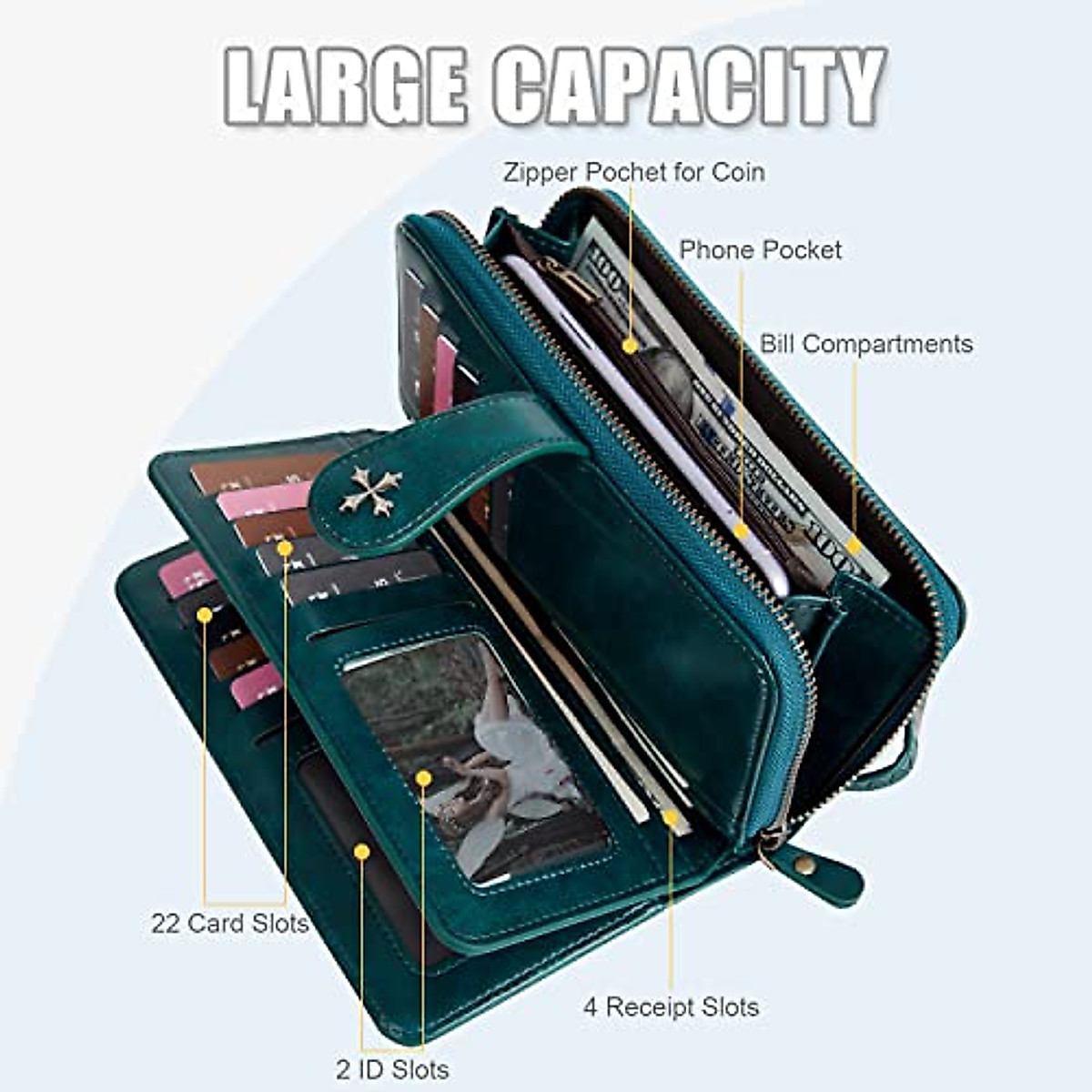 GSG Womens Wallet - ID Credit Card Holder for Women, Long Wristlet Leather Zipper Wallet with RFID Blocking, Teal Ladies Wallet with Large Capacity