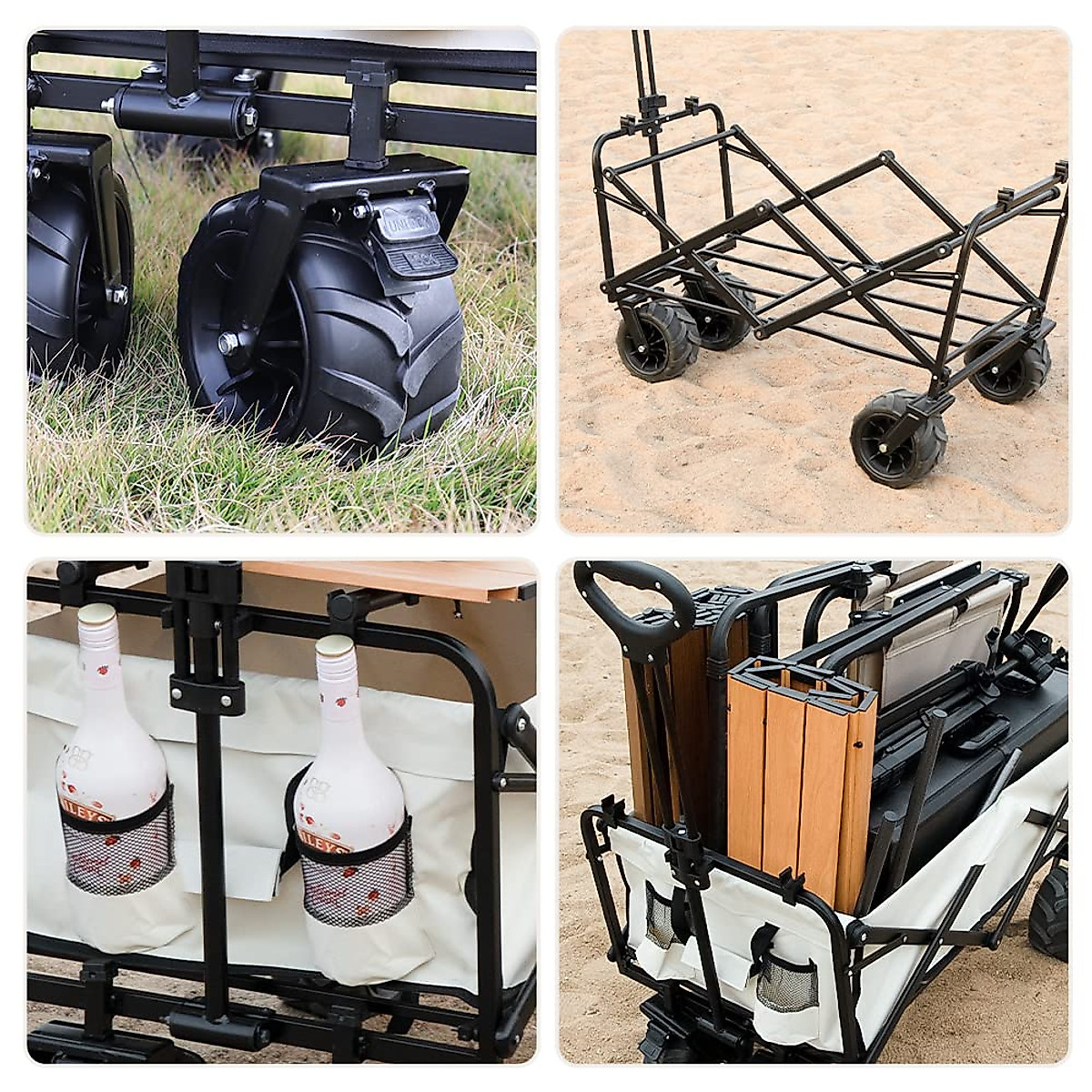 JHXG Wagons Carts Heavy Duty Foldable, Collapsible Wagon Utility Camping Park Wagon Cart, Folding Wagon Cart, Utility Wagon with Push Pull Handles, with Black Aluminum Table Plate (Beige)