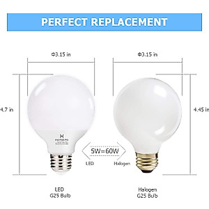 hansang G25 LED Globe Light Bulbs, 60W Equivalent, 5000K Daylight Bathroom, E26 Base, Eye-Friendly Vanity Round, Perfect for Vanity Makeup Mirror, 120V CRI85+ Non-Dimmable 4Pack