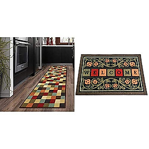 Ottomanson Ottohome Rug, Runner - 20" x 59", Checkered Multicolor & Ottohome Collection Non-Slip Rubberback Floral Border Design 20x30 Indoor/Outdoor Doormat, 20" x 30", Multicolor