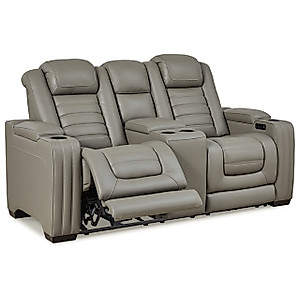 Signature Design by Ashley Backtrack Contemporary Tufted Leather Power Reclining Loveseat with Console and Adjustable Headrest, Light Gray