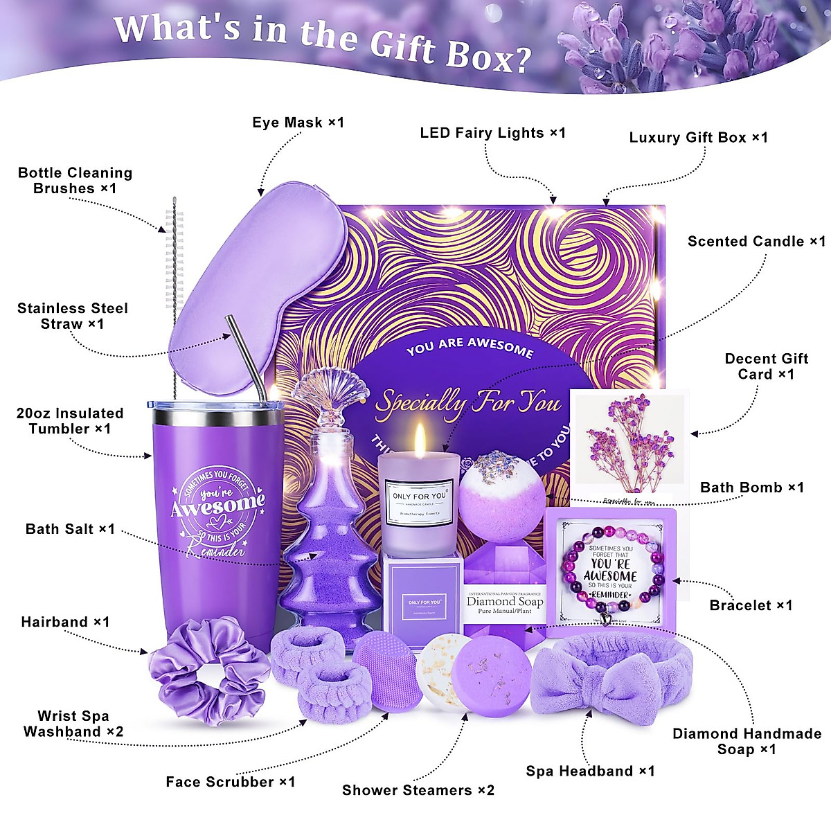 Gifts for Women, 15PCS Self Care Gifts for Women, Purple Relaxing Care Package, Unique Mothers Day Gifts Idea for Mom Her, Best Friend Gifts for Women