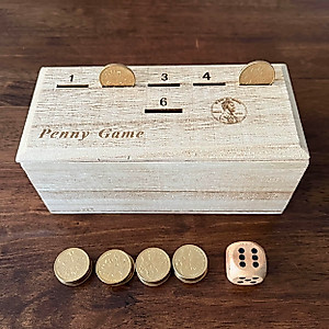 Penny Game - Fun Board Game Works with Coines, Get Rid of Coins to Win, Penny Game Wood Box for 2+ Players, Simple + Strategic Dice Games