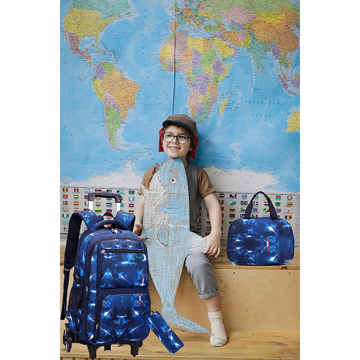 Egchescebo 18" School Kids Rolling Backpack for Boys With Wheels Trolley Wheeled Backpacks for Boys Students Travel Bags Adults Backpack With Lunch Box Pencil Bag 3PCS Blue