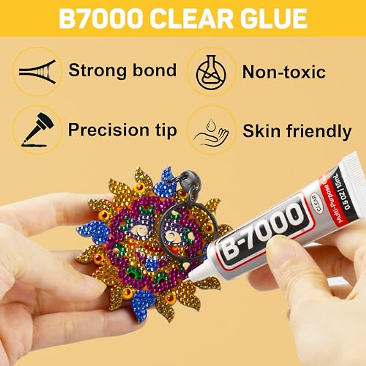 B7000 Gem Glue with 11000Pcs Gold Rhinestones for Crafts Clothes Decoration Clothing Fabric, Bright Gold Flatback Rhinestones for Shoes Tumblers, Flat Back Gluefix Rinestones Bedazzle Kit 2/3/4/5 mm