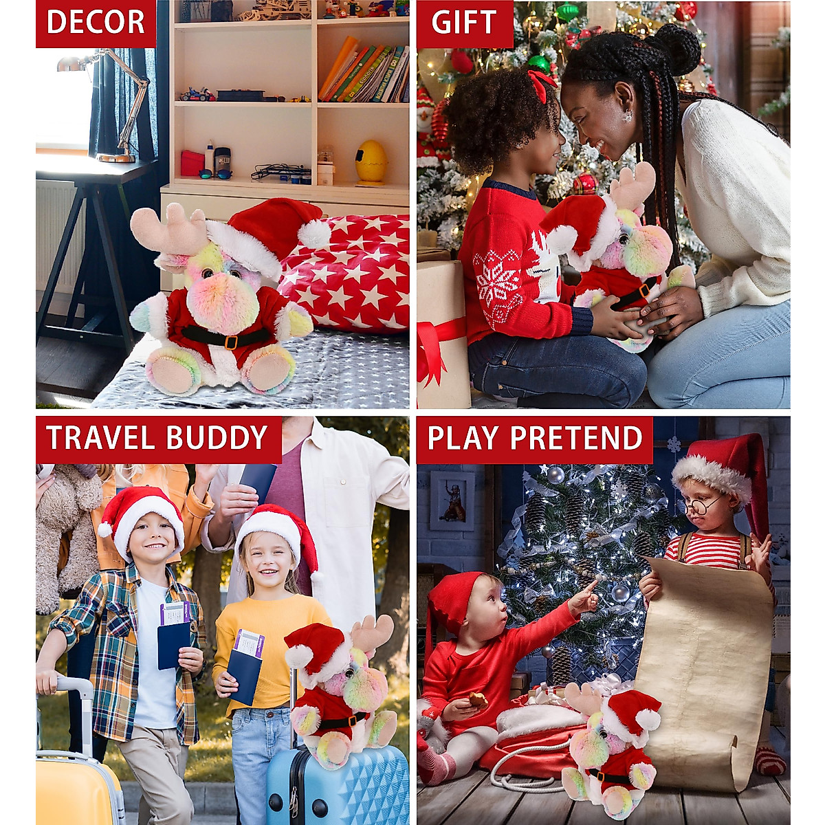 DolliBu Santa Rainbow Moose Stuffed Animal Plush Toy - Super Soft Dress Up with Red Santa Claus Outfit, Cute Moose Gift Perfect Holiday with Name Personalization - 9 Inches