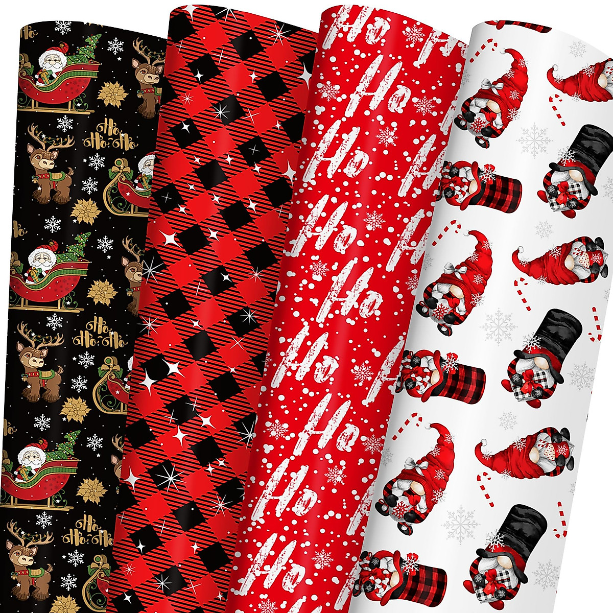 ZINTBIAL Christmas Wrapping Paper for Kids Adults - Xmas Jumbo Sheets with Red/Black Plaid, Santa, Reindeer, Gnome, and "Ho Ho" Designs - 29 x 42 Inches, 6 Jumbo Sheets - Recycled, Easy to Store, Not