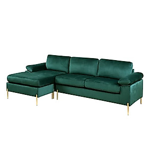 Devion Furniture 101" W Modern Design Velvet Sectional Sofa with Spacious Chaise, Cushioned Arms & Metal Legs in Green & Gold Finish
