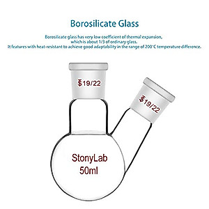 StonyLab Glass 50ml Heavy Wall 2 Neck Round Bottom Flask RBF, with 19/22 Center and Side Standard Taper Outer Joint - 50mL