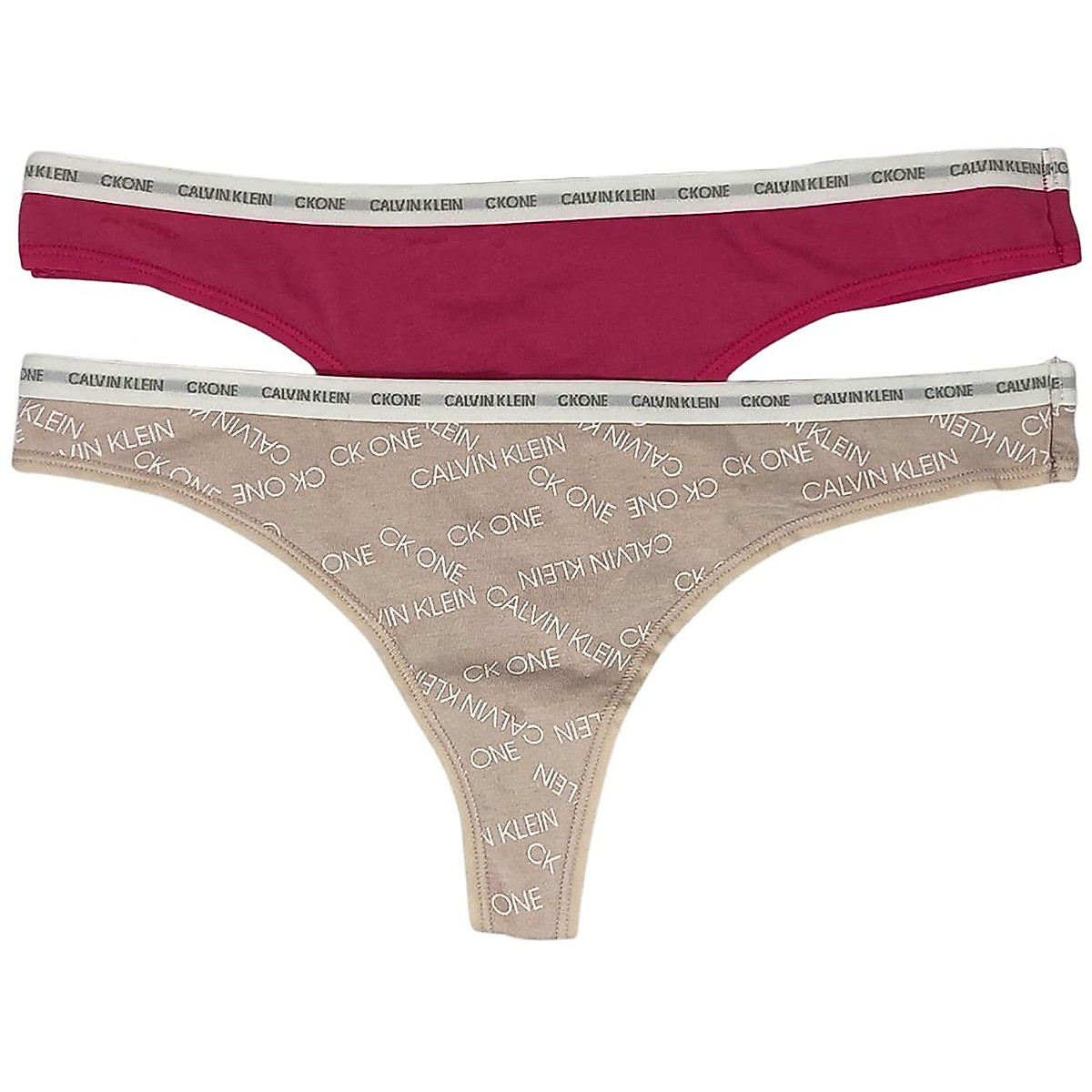 Calvin Klein One Cotton 2-Pack Thong Raspberry Sorbet/Caution Logo/Beechwood LG (Women's 12-14)