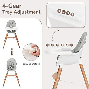 HONEY JOY Baby High Chair, Eat & Grow Beech Wooden Highchair for Babies and Toddlers, Removable Double-Layer Food Tray, 5-Point Harness, PU Cushion and Footrest for Infants Boys Girls (Gray)